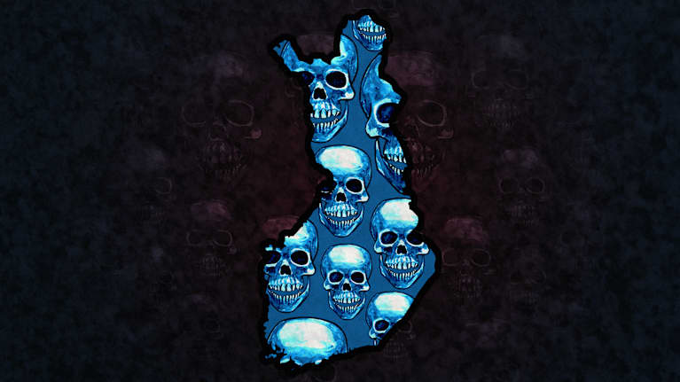 Suomen kartta täynnä pääkalloja.