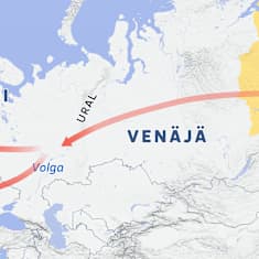 Nuolet osoittavat uralilaisten kielten reitin Jakutiasta Uralvuorten yli ja etelään kohti Unkaria ja Pohjoiseen kohti Viroa ja Suomea.