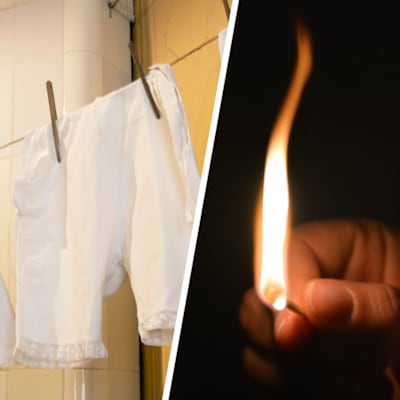 Kollage av fyra bilder föreställande underbyxor, en tändsticka, vinterdäck och en kvinna i strumpbyxor.