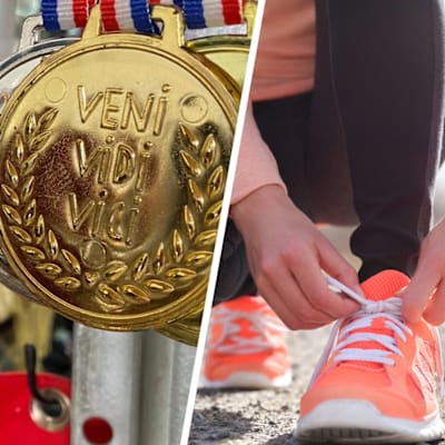 Kollage av fyra bilder föreställande en fågelholk, fötter som går i vatten, medaljer och en person som knyter skorna.